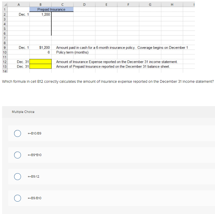 Solved A B D E F G H B C с Prepaid Insurance 1,200 Dec. 1 1 | Chegg.com