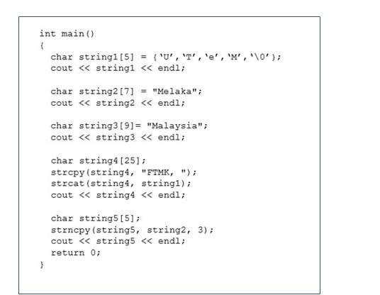 Solved int main() char string1[5] = { 'U', 'T', 'e', 'M', | Chegg.com