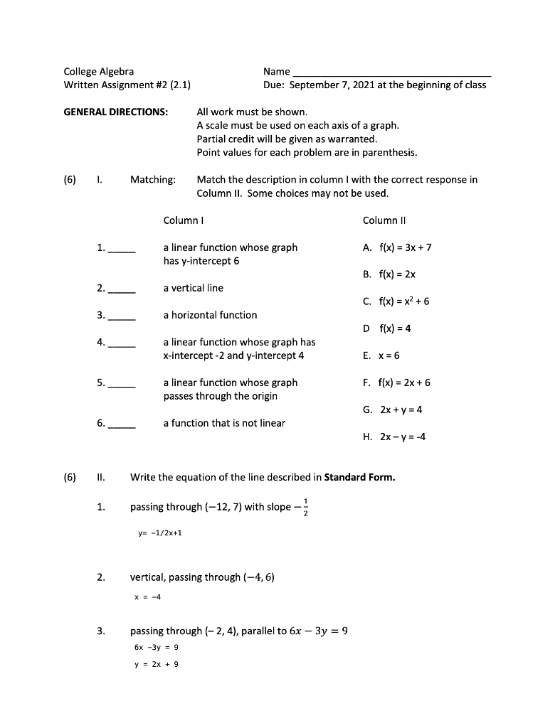 Solved College Algebra Name Written Assignment \#2 (2.1) | Chegg.com