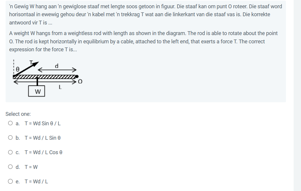 Solved 'n Gewig W hang aan 'n gewiglose staaf met lengte | Chegg.com