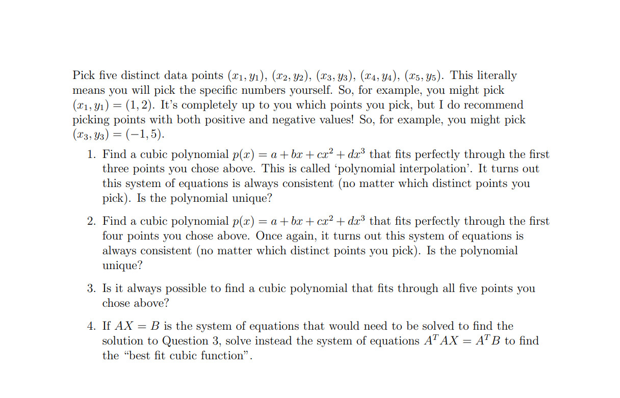 Solved Pick five distinct data points | Chegg.com
