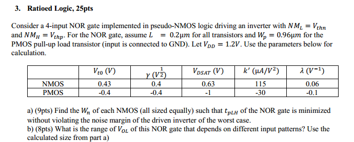 Solved . Ratioed Logic, 25pts Consider a 4-input NOR gate | Chegg.com