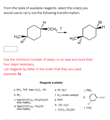 Solved From the table of available reagents, select the | Chegg.com