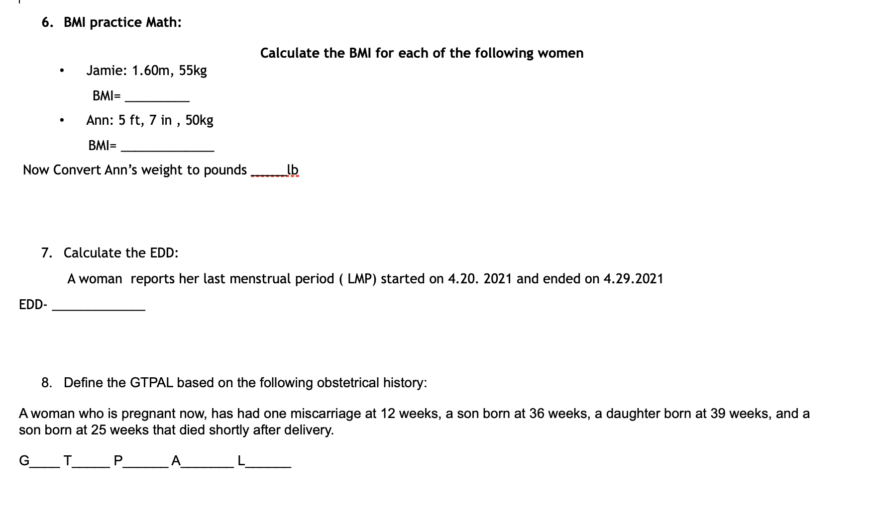Solved 6. BMI practice Math: Calculate the BMI for each of | Chegg.com