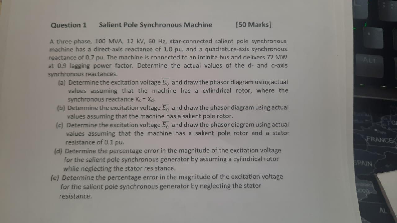 Solved Question 1 Salient Pole Synchronous Machine (50 | Chegg.com