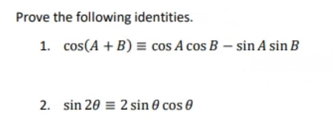 Solved Prove the following identities. 1. Cos(A + B) = cos A | Chegg.com