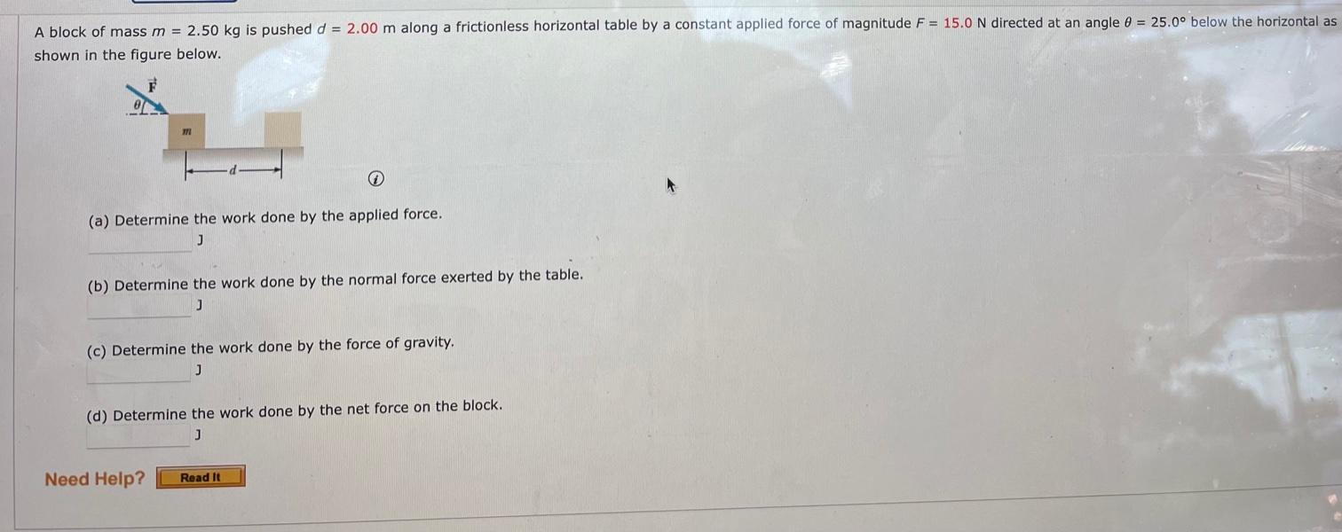 Solved A block of mass m = 2.50 kg is pushed d = 2.00 m | Chegg.com