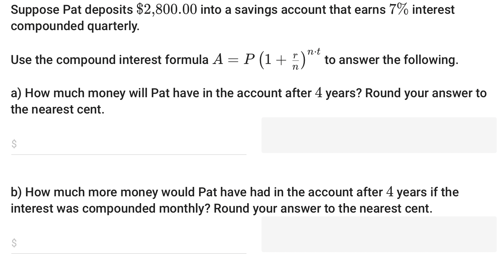 Solved Suppose Pat deposits $2,800.00 into a savings account | Chegg.com