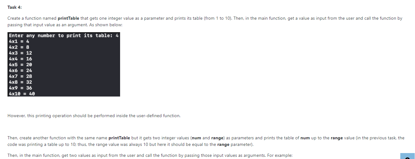 Solved Task 4: Create a function named printTable that gets | Chegg.com
