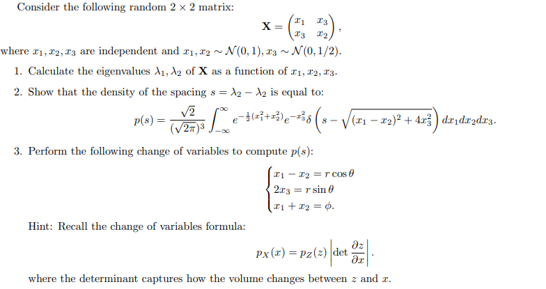 Solved Consider the following random 2×2 | Chegg.com
