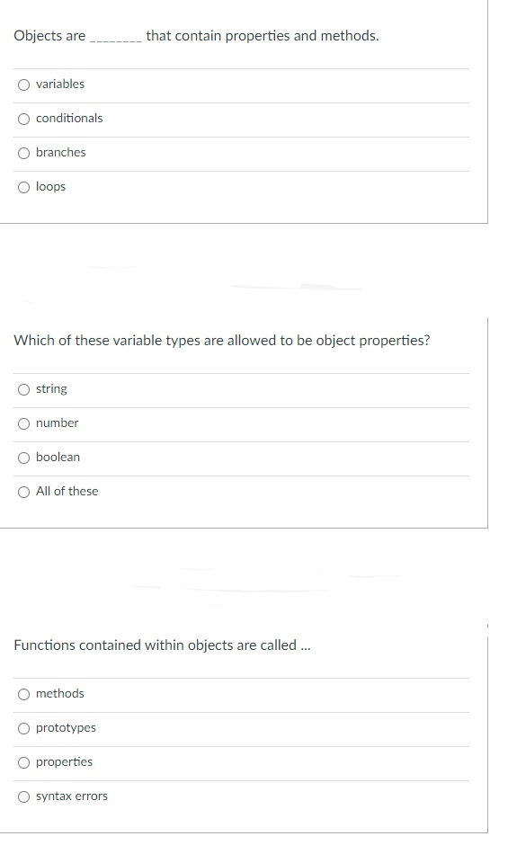 Solved Objects are that contain properties and methods. | Chegg.com