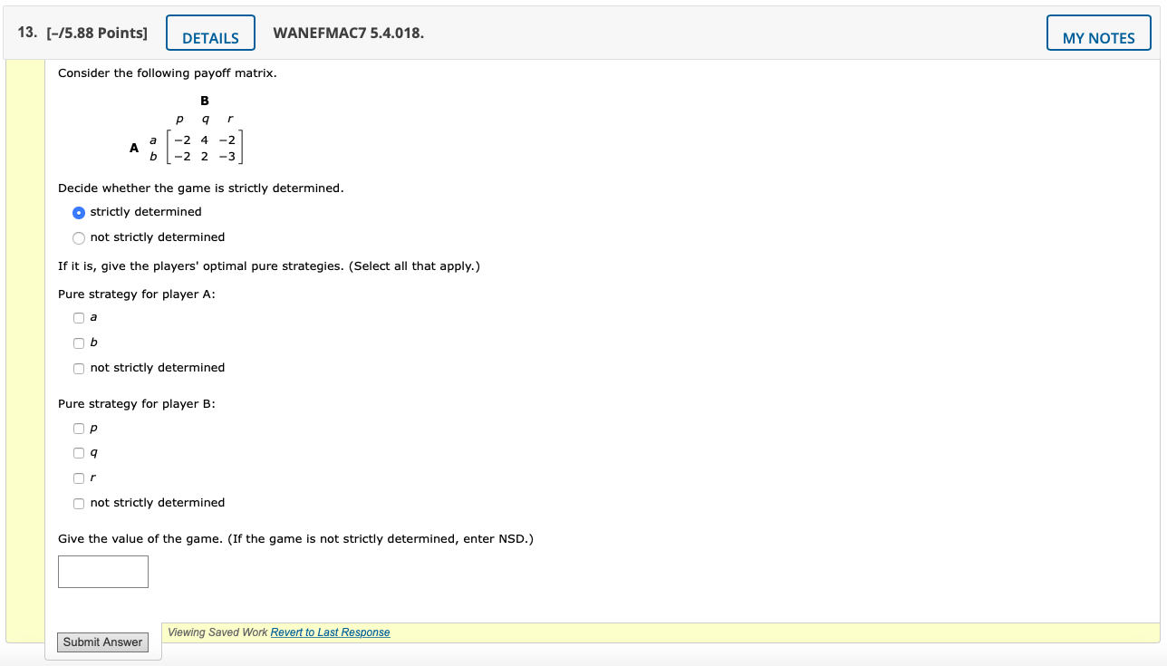 Solved Consider the following payoff matrix. B pqr A | Chegg.com