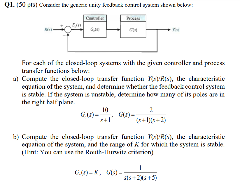 Solved Q1. (50 pts) Consider the generic unity feedback | Chegg.com