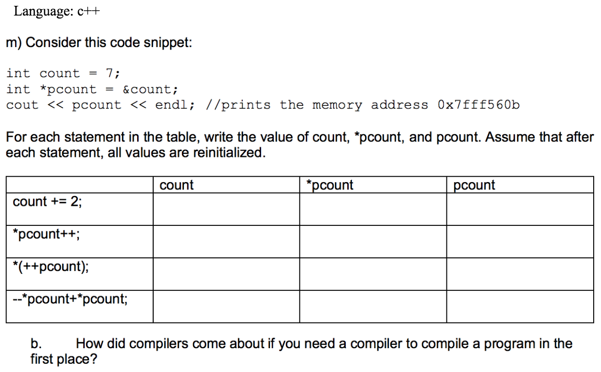 Solved Language: c+ m) Consider this code snippet int count | Chegg.com