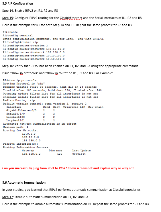 3.5 RIP Configuration Step 14: Enable RIPv2 on R1, R2 | Chegg.com