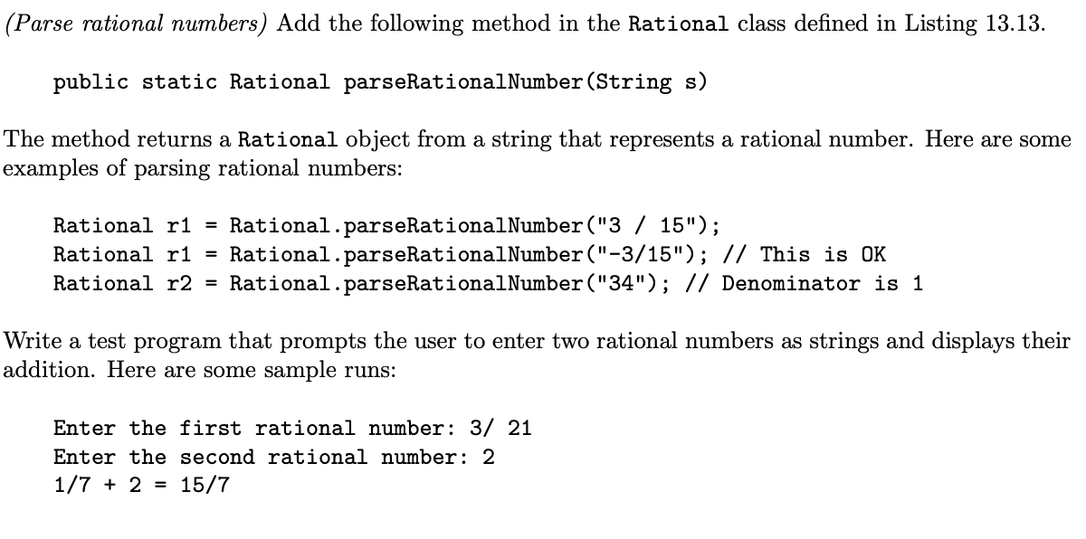(Parse rational numbers) Add the following method in | Chegg.com