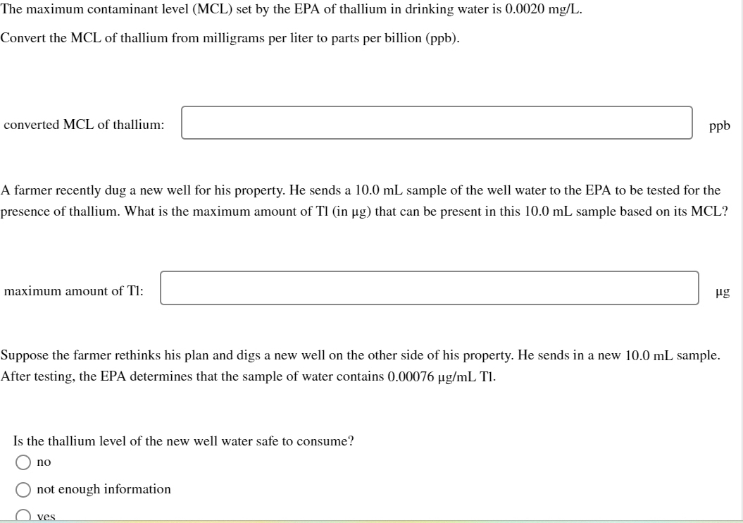 Solved The maximum contaminant level (MCL) ﻿set by the EPA | Chegg.com