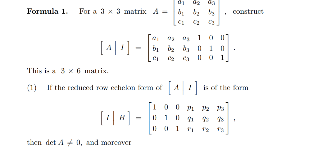 Solved a1 a2 a3 Formula 1. For a 3x 3 matrix A -b1 b2 b3, | Chegg.com