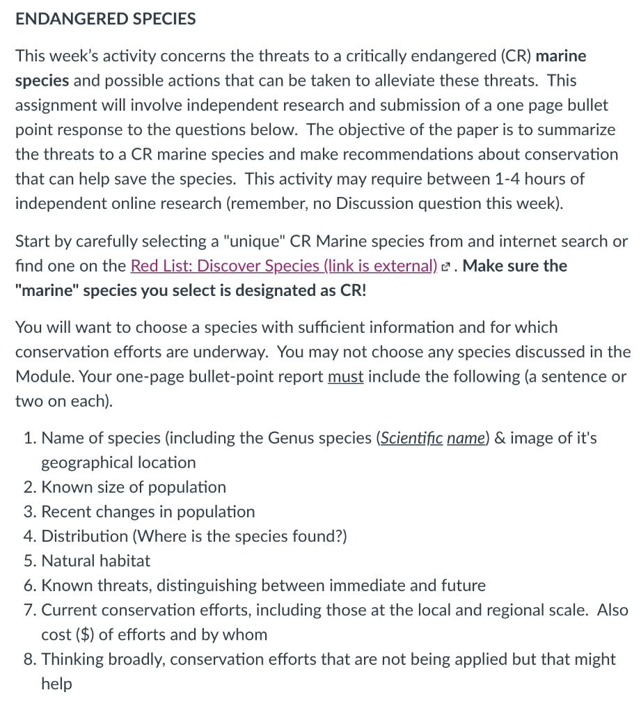 Solved ENDANGERED SPECIES This week's activity concerns the | Chegg.com