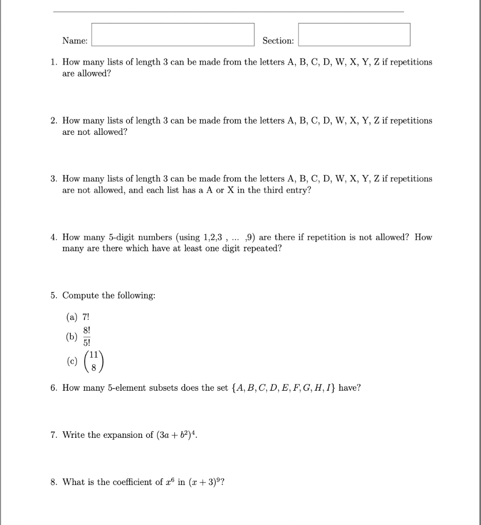 Solved Name: 1. How many lists of length 3 can be made from | Chegg.com