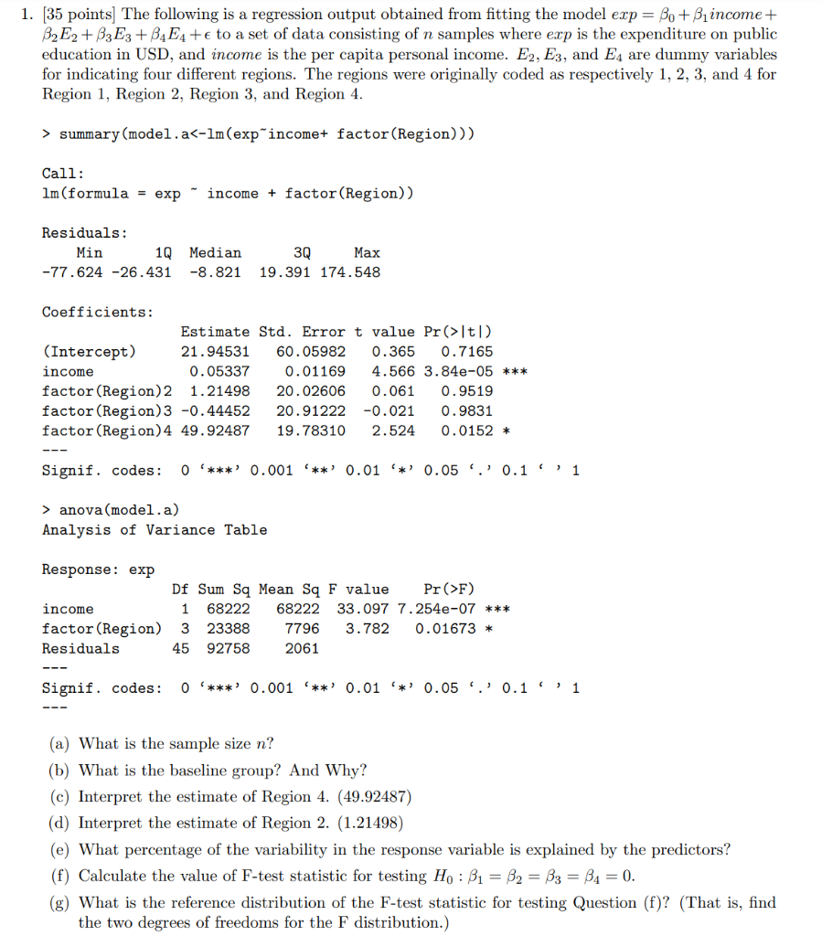 Solved 1. [35 points] The following is a regression output | Chegg.com