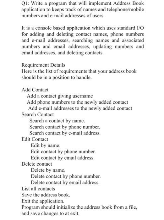 Solved QI: Write a program that will implement Address Book | Chegg.com