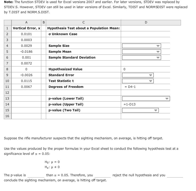 Solved Note: The function STDEV is used for Excel versions | Chegg.com