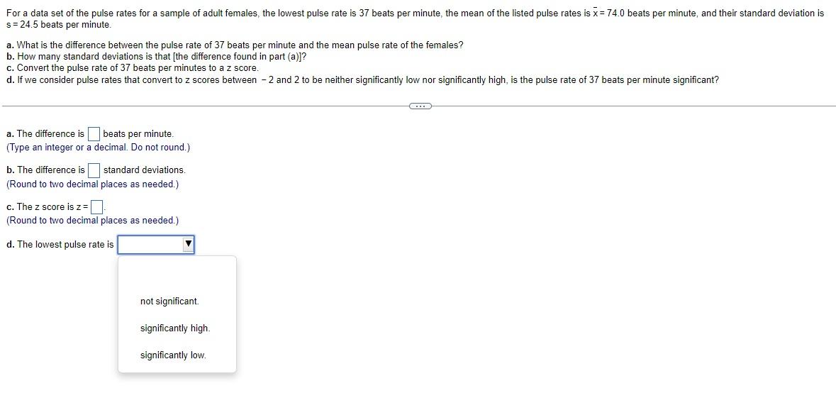 Solved For a data set of the pulse rates for a sample of | Chegg.com