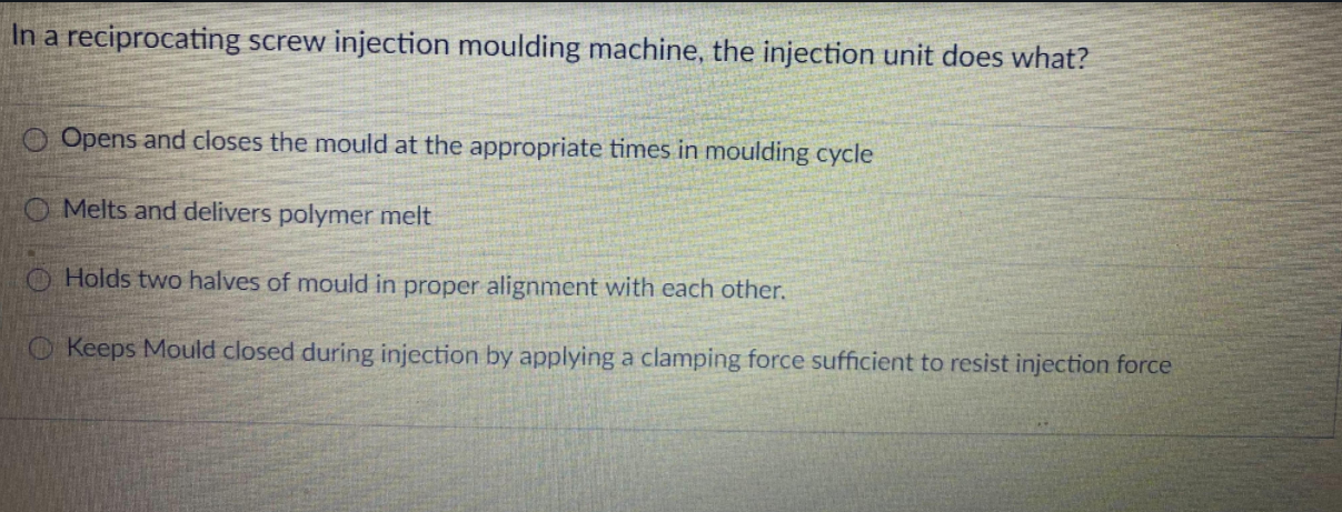 Solved In a reciprocating screw injection moulding machine, | Chegg.com