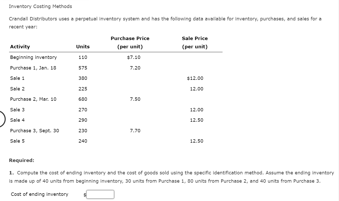 Solved Inventory Costing MethodsCrandall Distributors uses a | Chegg.com