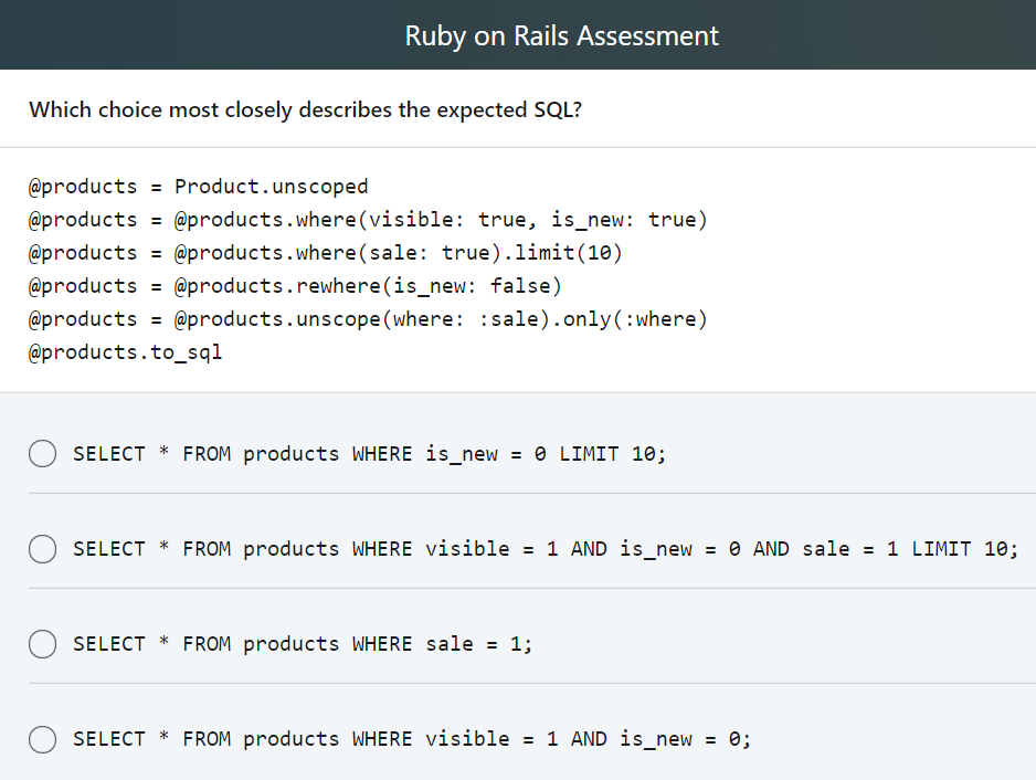 Solved Ruby on Rails Assessment Which choice most closely | Chegg.com