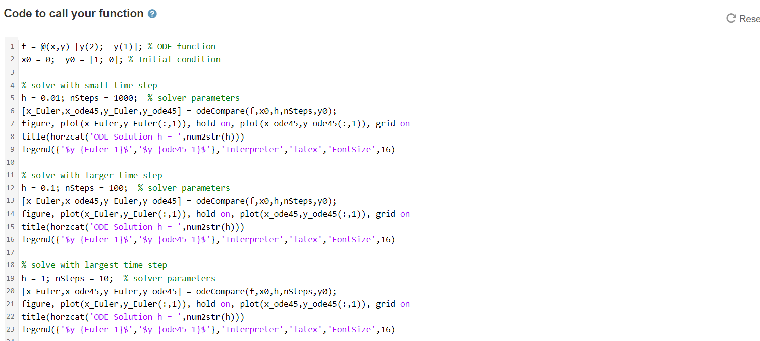 Compare Euler's method to ode45 Using the function | Chegg.com