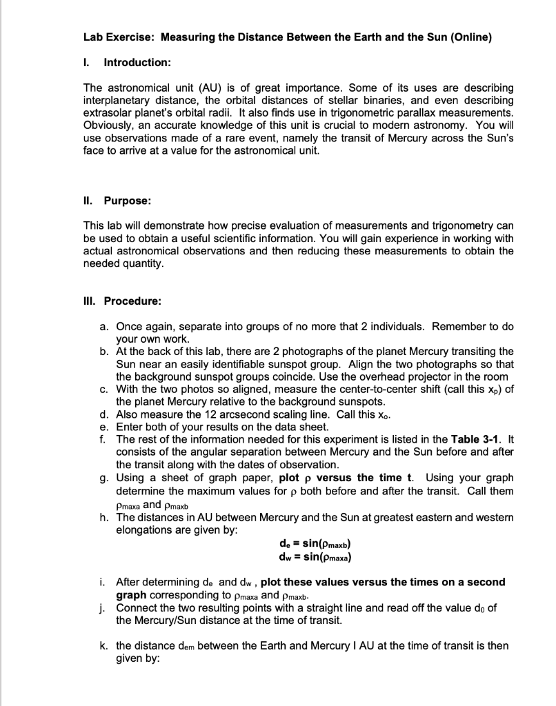 Lab Exercise: Measuring the Distance Between the | Chegg.com