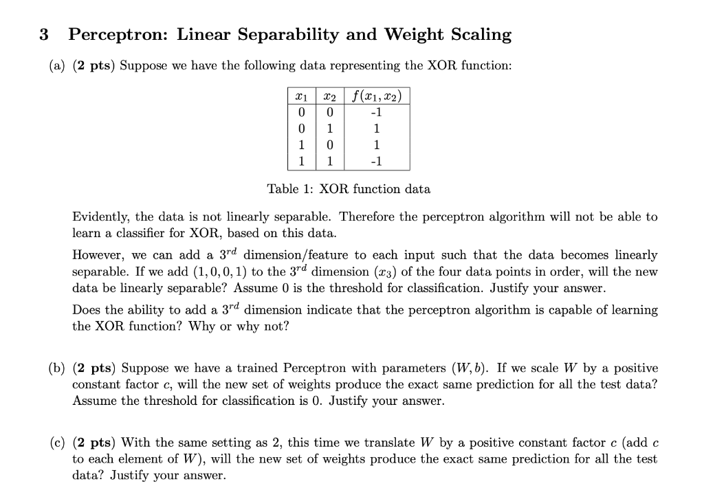 Solved 3 Perceptron Linear Separability And Weight Scaling