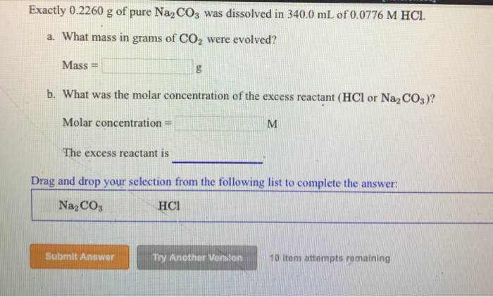 Solved Exactly 0.2260 g of pure Na_2CO_3 was dissolved in | Chegg.com