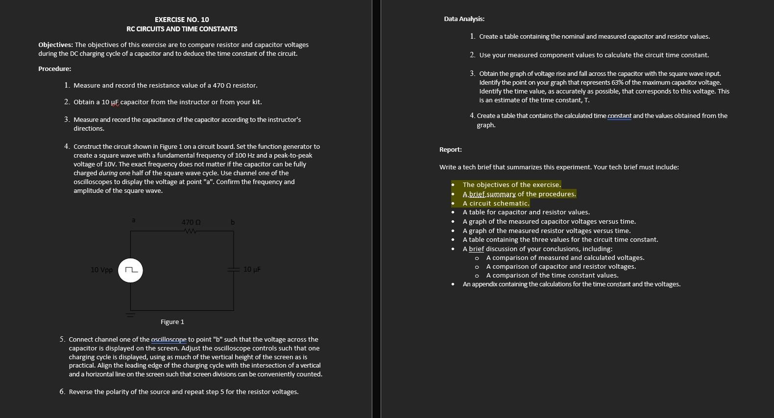 EXERCISE NO. 10 Data Analysis: RC CIRCUITS AND TIME | Chegg.com