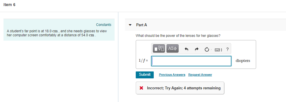 Solved Item 6 Constants PartA A student's far point is at | Chegg.com Solved Item 6 Constants PartA A student's far point is at | Chegg.com