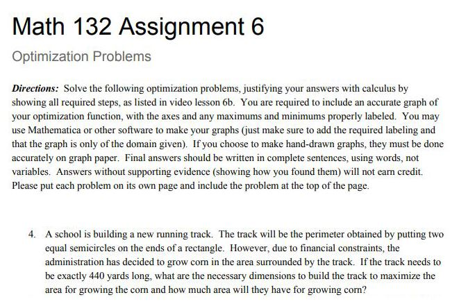 Solved Math 132 Assignment 6 Optimization Problems Chegg
