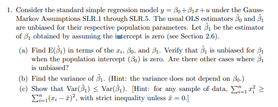Solved 1 Consider The Standard Simple Regression Model Y 2189