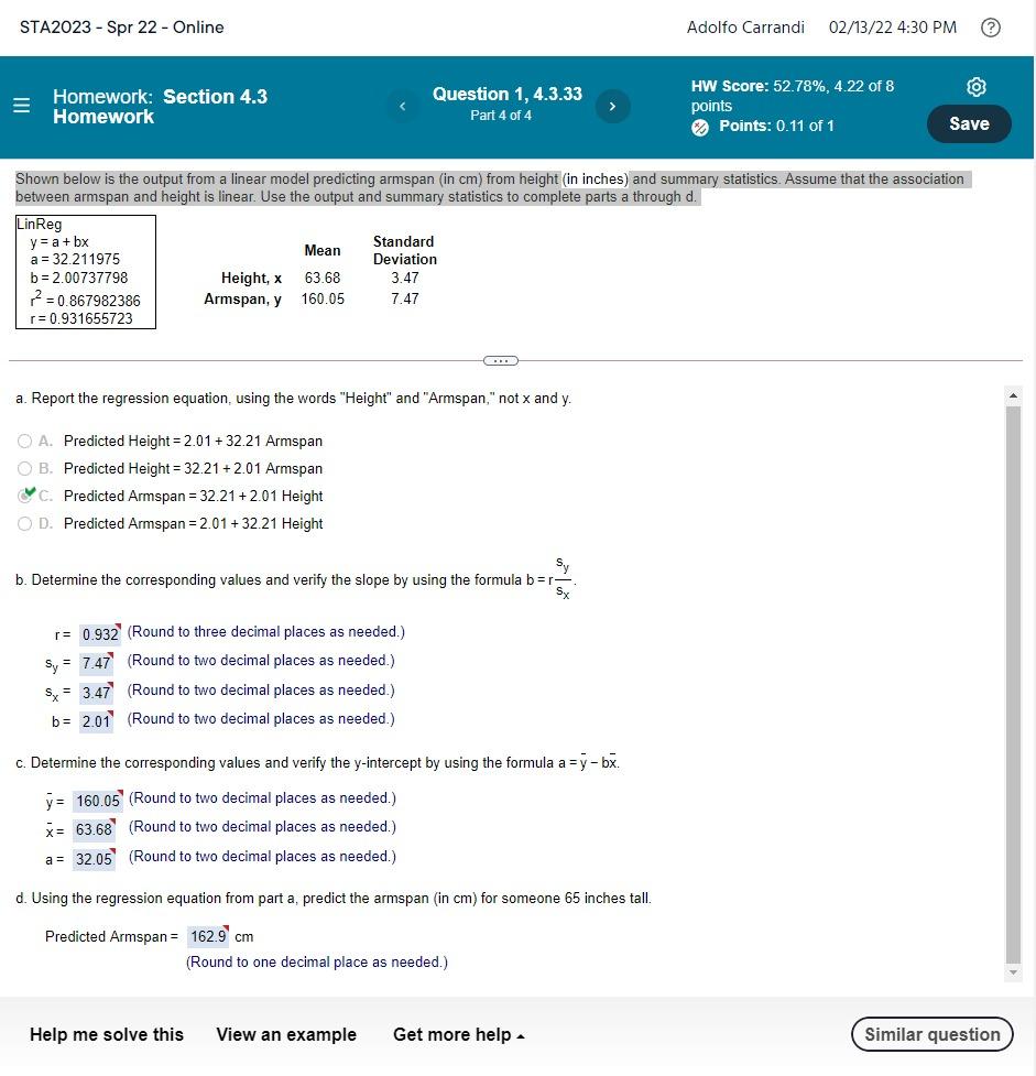 Solved STA2023 - Spr 22 - Online Adolfo Carrandi 02/13/22 | Chegg.com