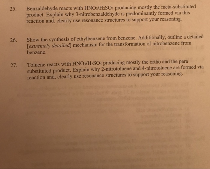 Solved 25. Benzaldehyde reacts with HNOs/H2SO4 producing | Chegg.com Solved 25. Benzaldehyde reacts with HNOs/H2SO4 producing | Chegg.com