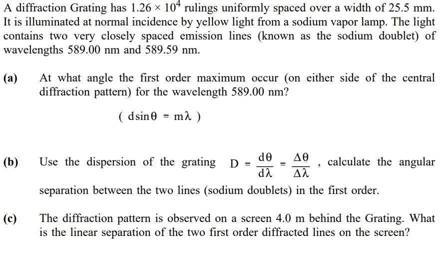 Solved A diffraction Grating has 1.26×104 rulings uniformly | Chegg.com