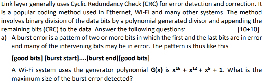 Solved Link layer generally uses Cyclic Redundancy Check | Chegg.com