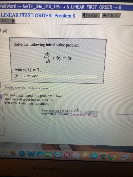 Solved eBworK → MATH-046,010.195 → 6-LINEAR-FIRST-ORDER → 8 | Chegg.com