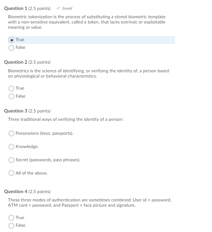 Solved Question 1 (2.5 points) Saved Biometric tokenization | Chegg.com