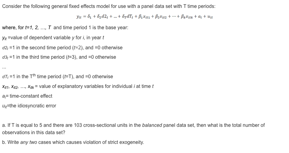 Solved Consider the following general fixed effects model | Chegg.com