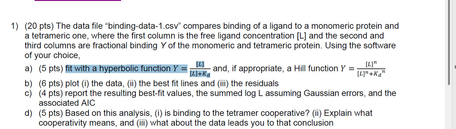 Solved 1) (20 pts) The data file "binding-data-1.csv" | Chegg.com
