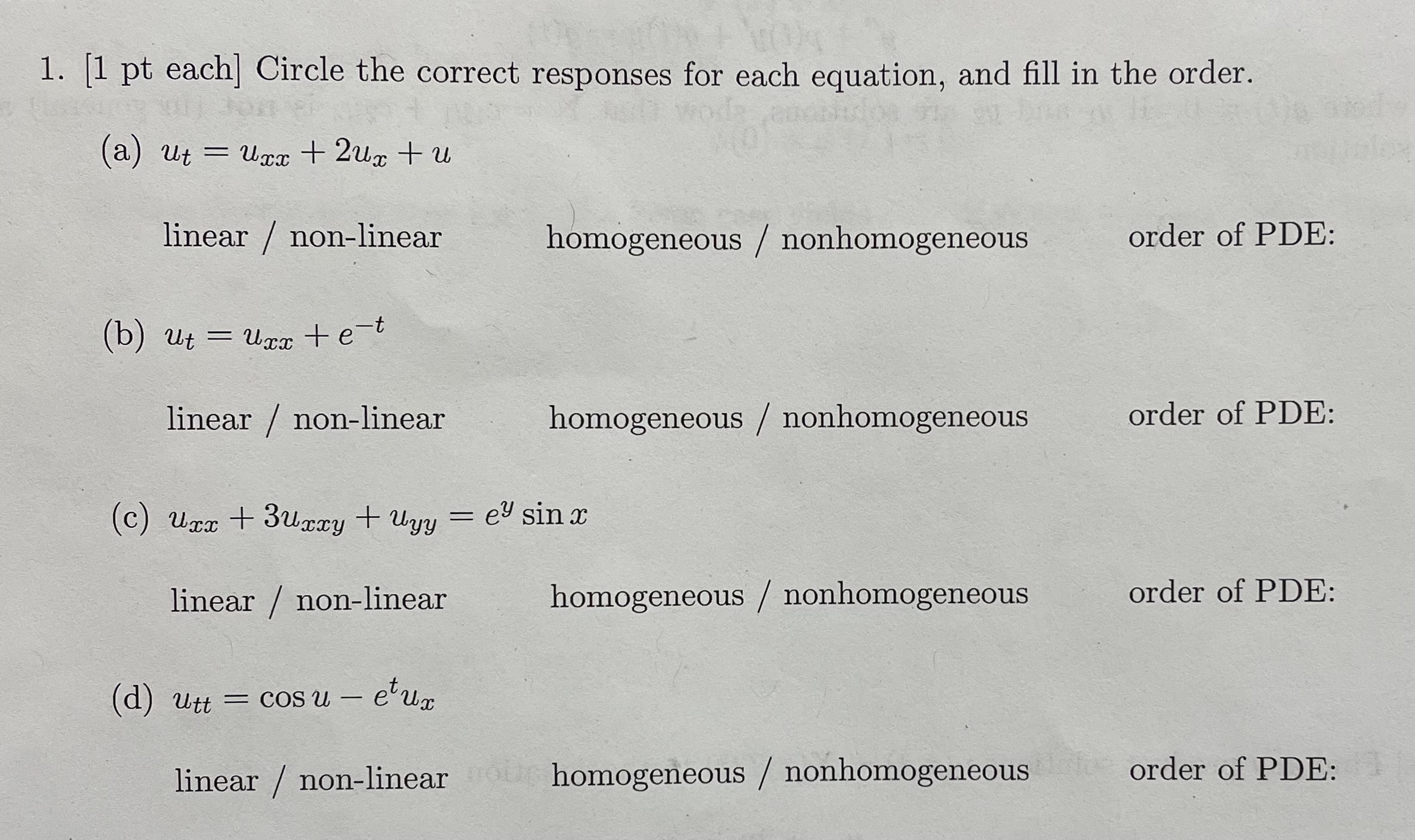 Solved [1 ﻿pt each] ﻿Circle the correct responses for each | Chegg.com