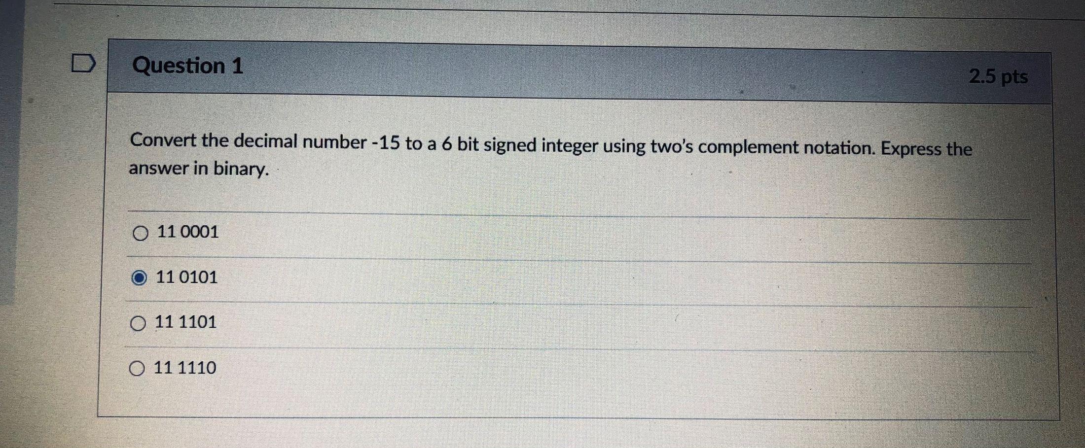 Solved Question 1 2.5 pts Convert the decimal number -15 to | Chegg.com