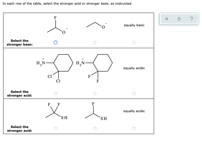 Solved In each row of the table, select the stronger acid or | Chegg.com